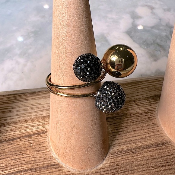 Jewelry | New Gold Toned Spherical Ring Black And Dark Silver Crystal ...